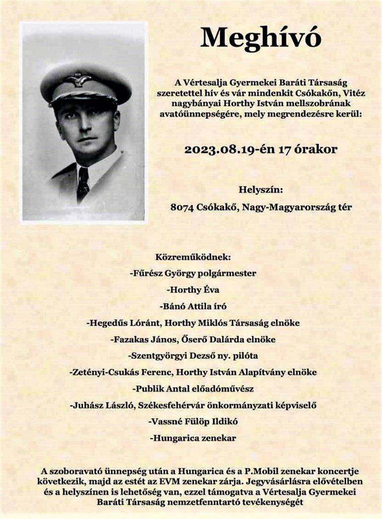 Invitation to statue inauguration - Vitézi Rend